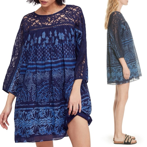 Free People | Dresses | Free People Mini Dress Lace Yoke Batik Print ...
